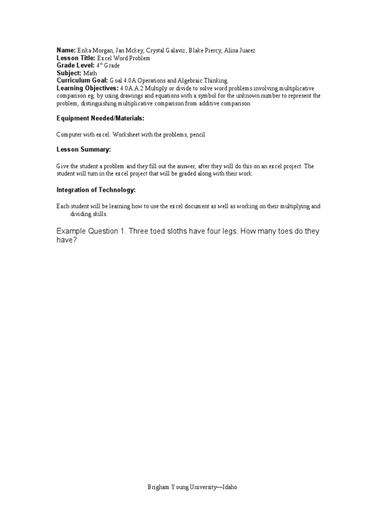 4th Grade Excel Math Word Problems | PDF