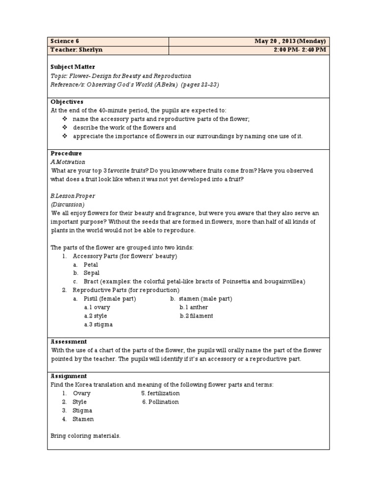 Flower Parts and Functions Lesson Plan | PDF | Flowers | Fruit