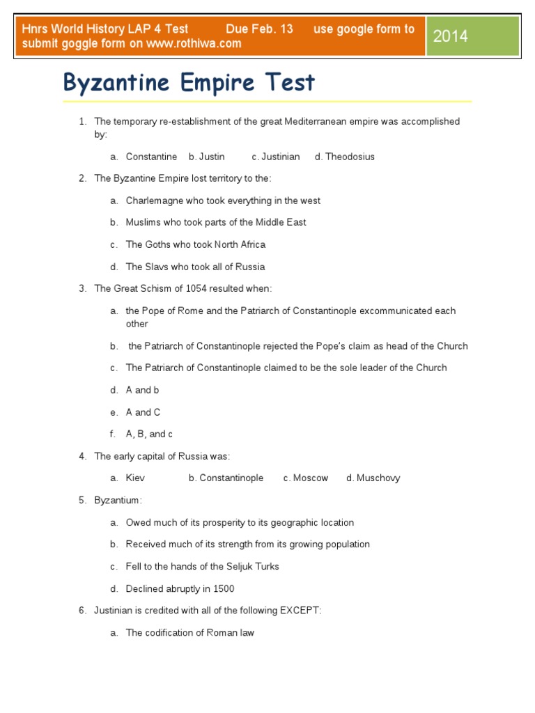 Byzantine Empire Test | PDF | Justinian I | Constantinople