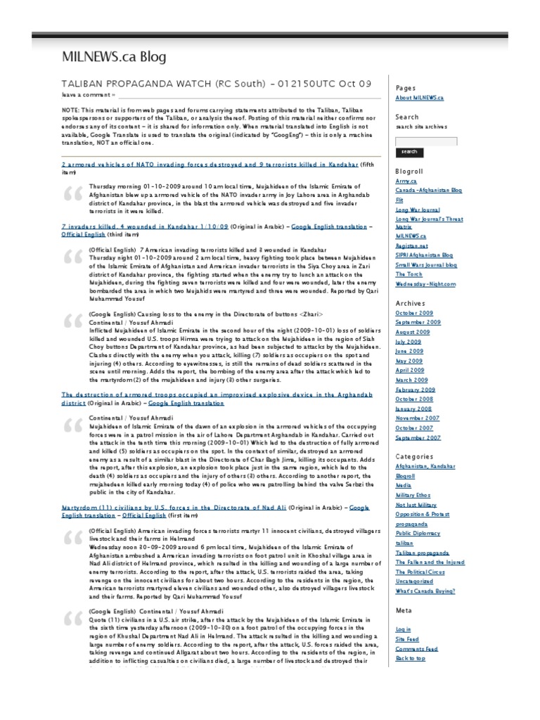 TALIBAN PROPAGANDA WATCH (RC South) - 012150UTC Oct 09 | PDF | Kandahar ...