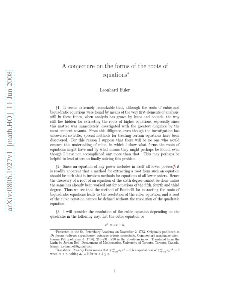 A Conjencture On The Forms of The Roots of Equations Leonard Euler ...