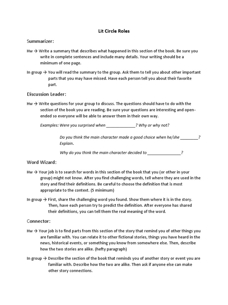 Literature Circle Roles: Summarizer, Discussion Leader, Word Wizard ...