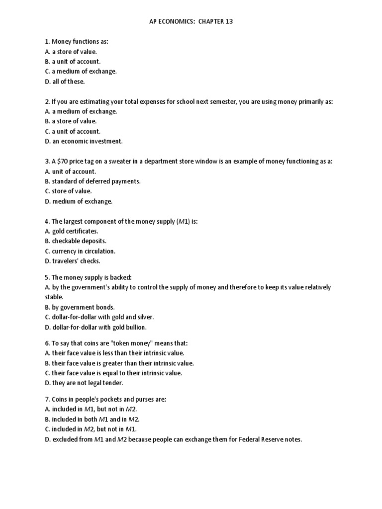 AP Economics Chapter 13 Quiz | PDF | Money Supply | Federal Reserve System