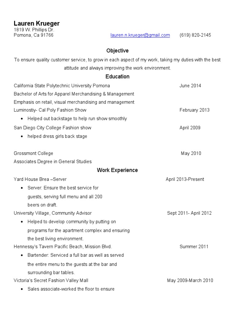 Lauren Krueger's Resume: Customer Service & Fashion | PDF | Career ...