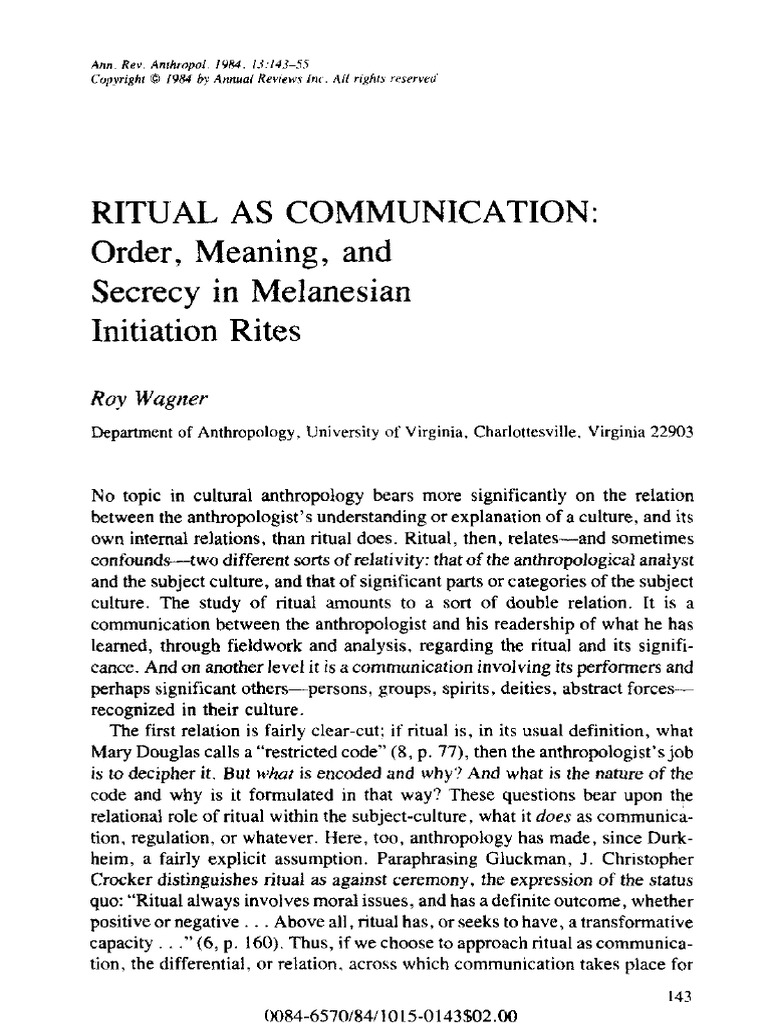 Ritual As Communication: Order, Meaning, and Secrecy in Melanesian ...