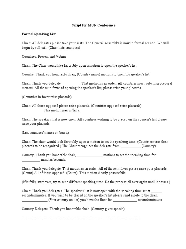 Script For MUN Conference Formal Speaking List | PDF | Public Sphere ...