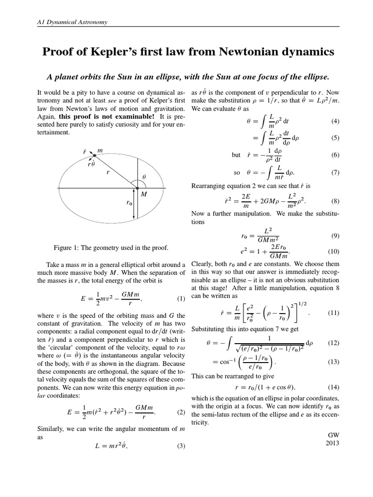 Proof of Kepler's First Law From Newtonian Dynamics | PDF