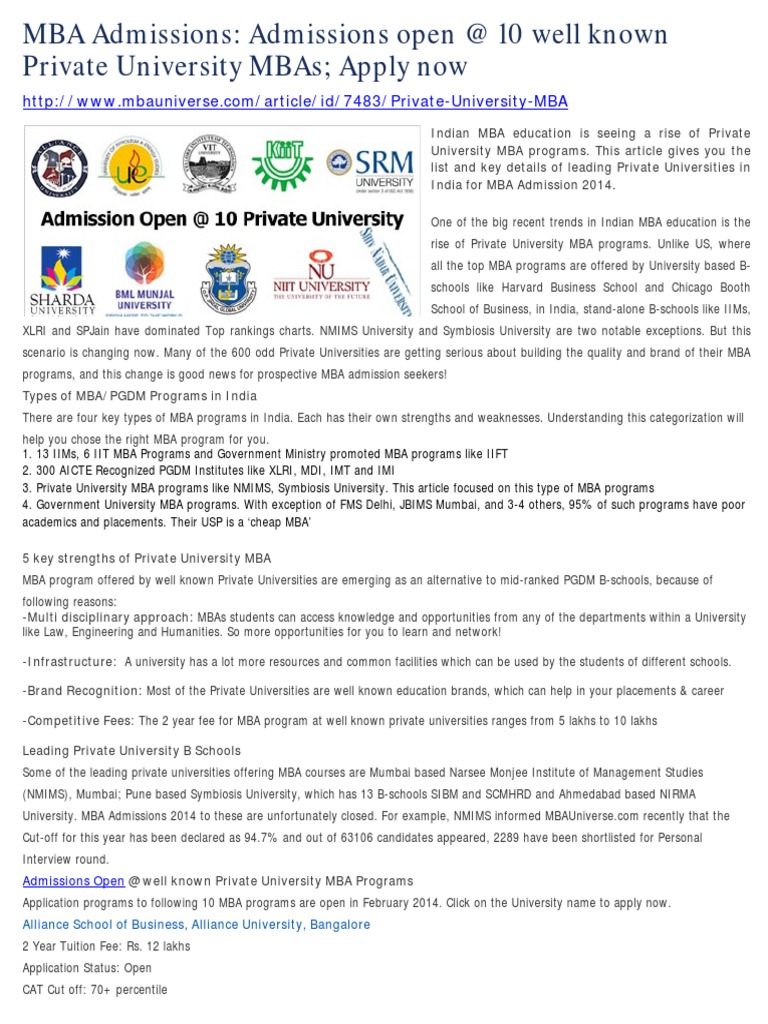MBA Admissions: Admissions Open at 10 Well Known Private University ...
