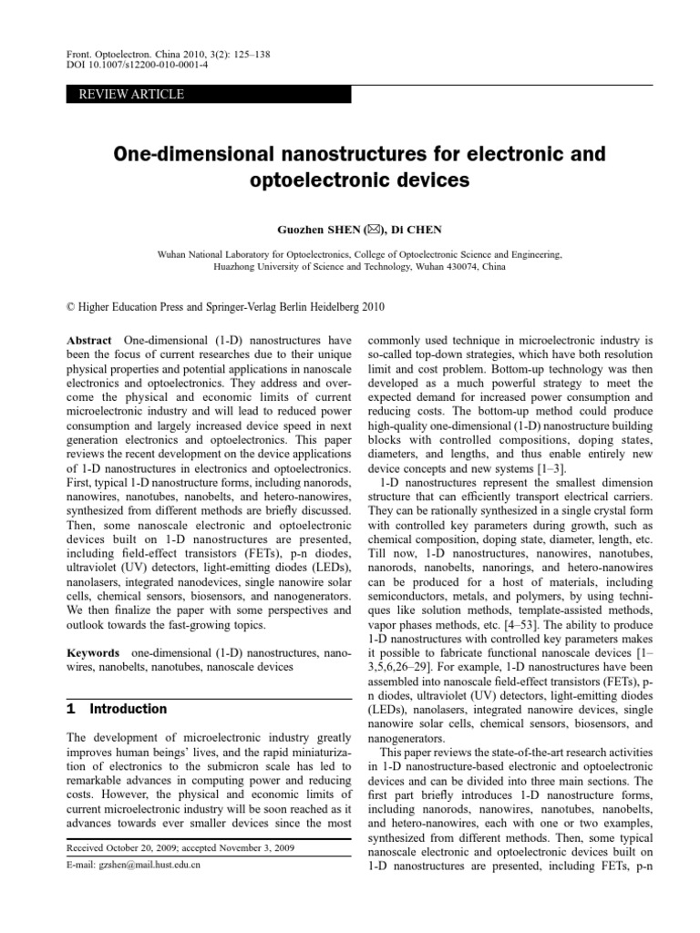 One-Dimensional Nanostructures For Electronic and Optoelectronic ...
