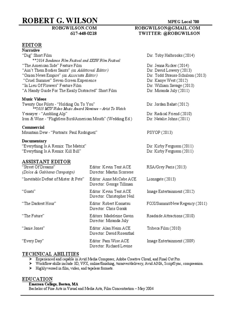 Robert G. Wilson - Film Editor Resume | PDF | Games & Activities | Art