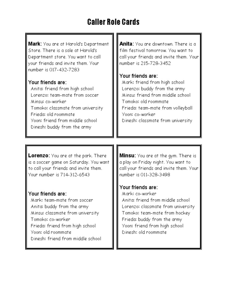 Caller Role Cards: Mark: Anita | PDF | Leisure | Sports