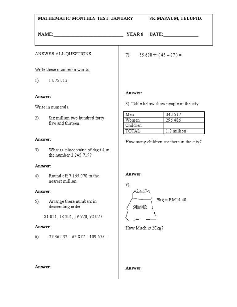 Year 6 Maths Test Practice Questions | PDF | Teaching Methods & Materials