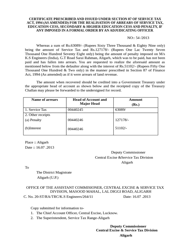 Certificate Action in Service TAx | Excise | Rupee