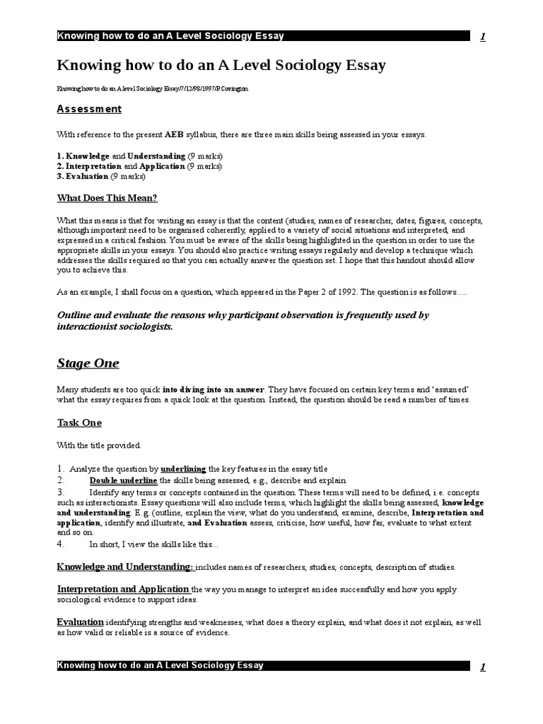 Knowing How To Do An A Level Sociology Essay: Stage One | Download Free ...