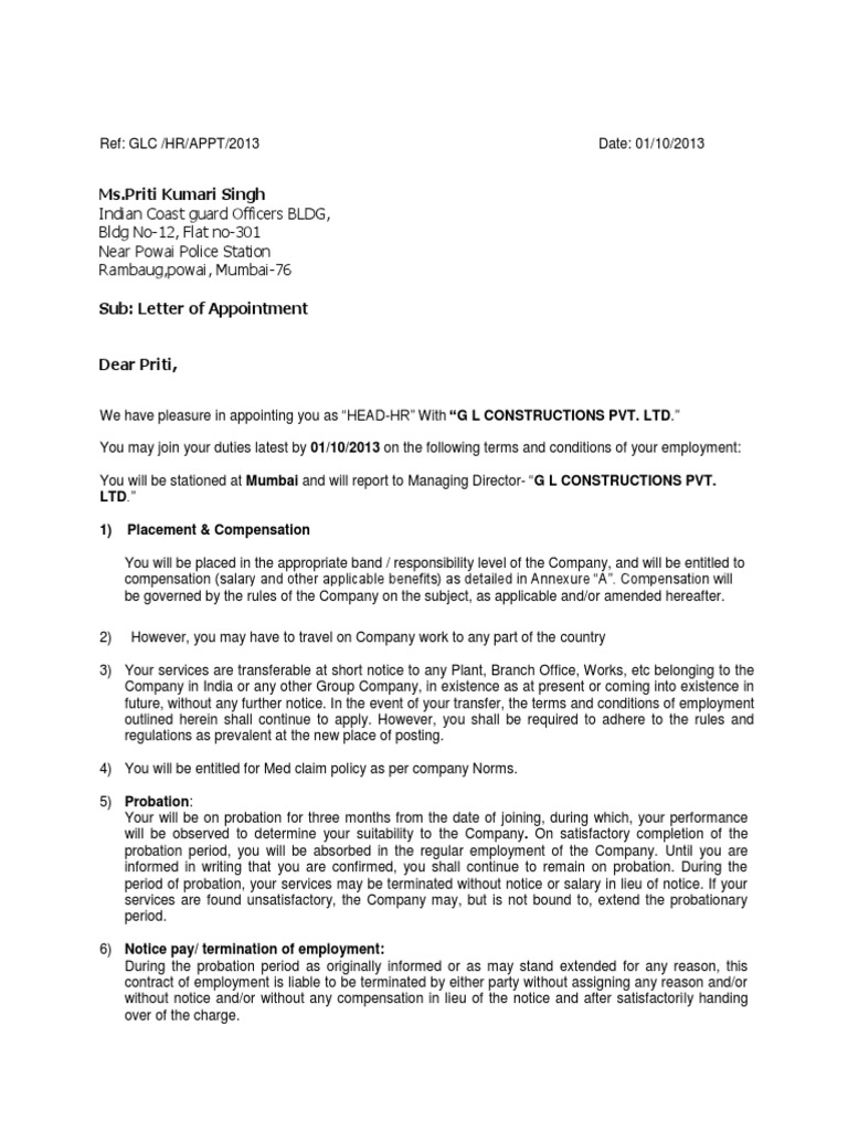 Appointment Letter Format | Download Free PDF | Employment | Salary