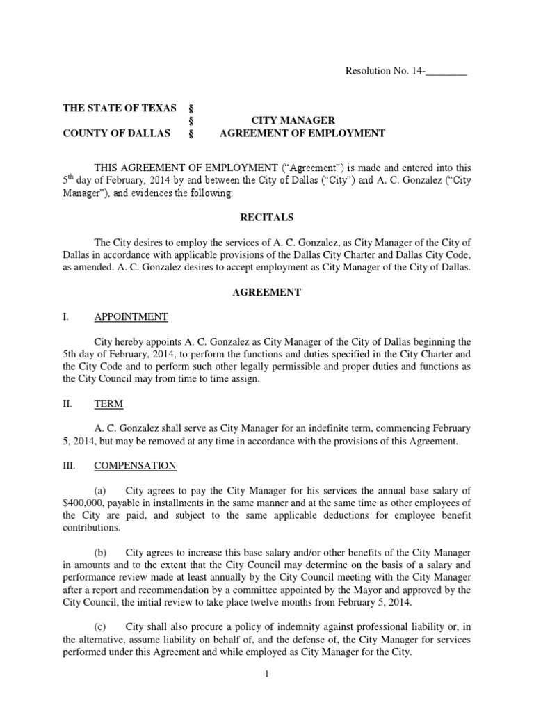 Dallas City Manager Employment Agreement | PDF | Employee Benefits ...