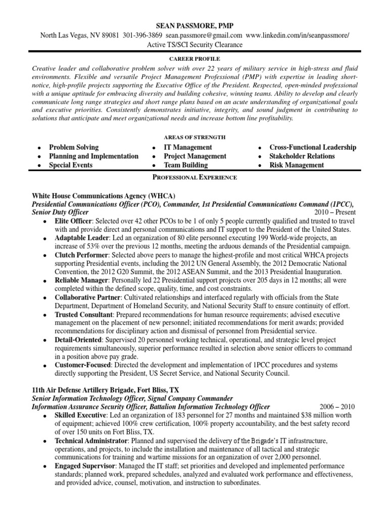 PMP Resume of Sean Passmore, Military Leader | PDF | United States Army ...