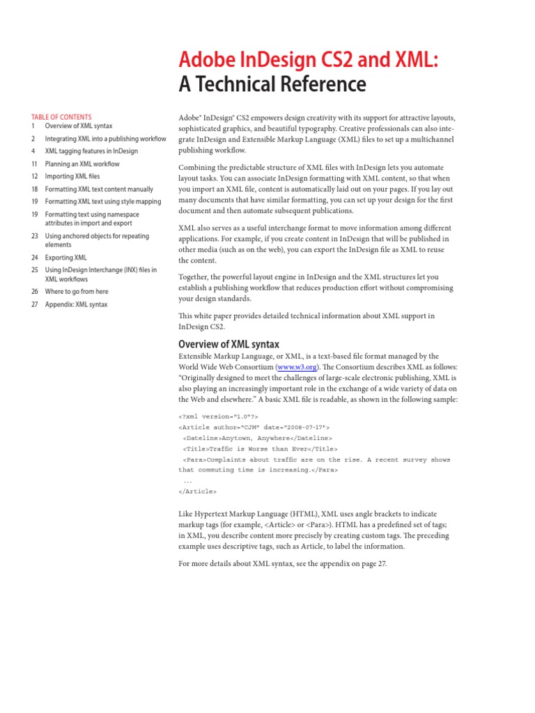 Indesign And Xml Tech Ref Pdf Html Element Xml