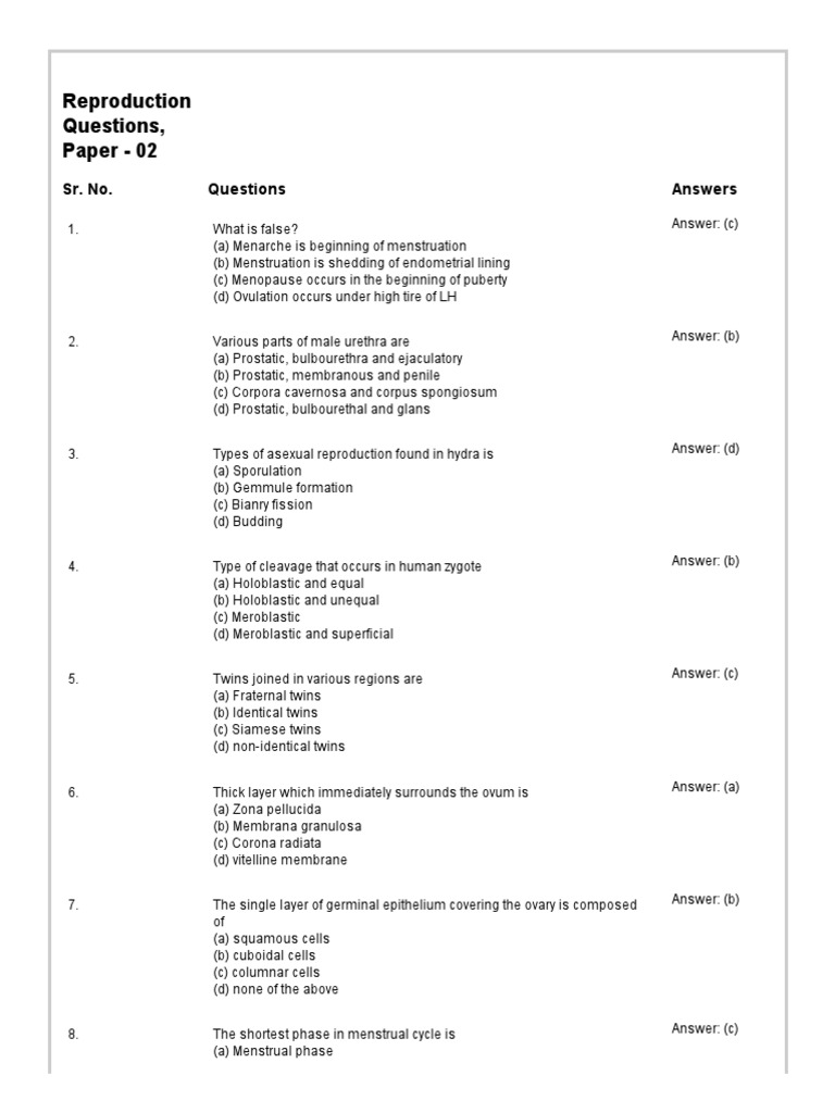Reproduction Questions, Paper - 02: Sr. No. Questions Answers | PDF ...