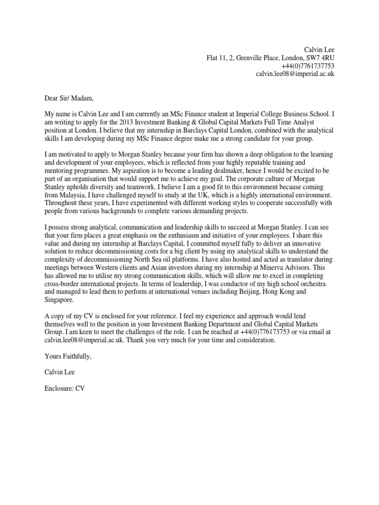 Cover Letter - Calvin Lee | PDF | Investment Banking | Morgan Stanley