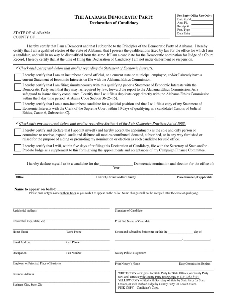 Alabama Democratic Party Candidacy Form | PDF | Notary Public | Social ...