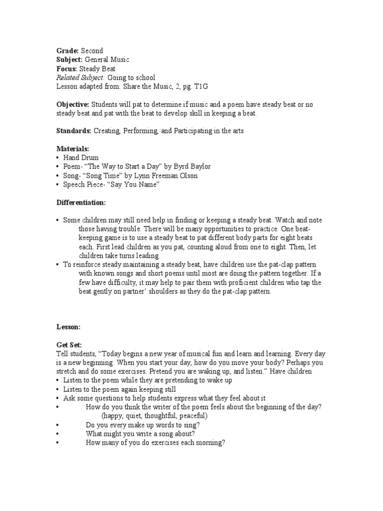 Second Grade Music Lesson: Steady Beat | PDF | Cognition | Communication