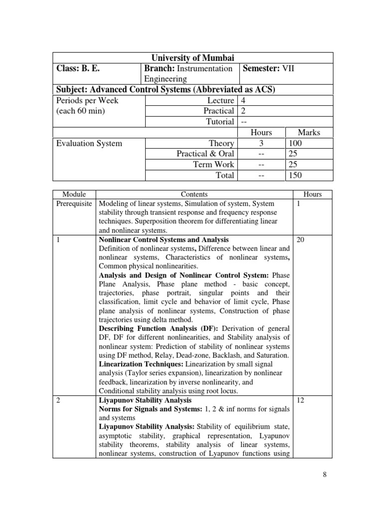 Advance Control System | PDF | Stability Theory | Nonlinear System