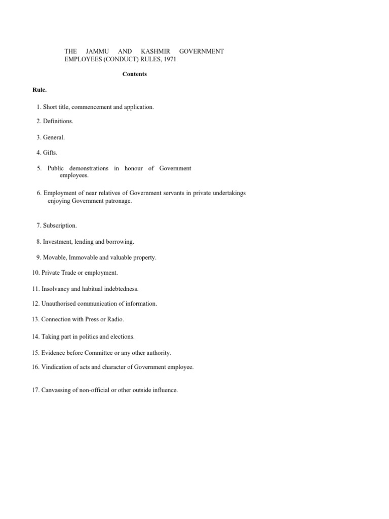 The JK Government Employees (Conduct) Rules, 1971 PDF | PDF | Property ...