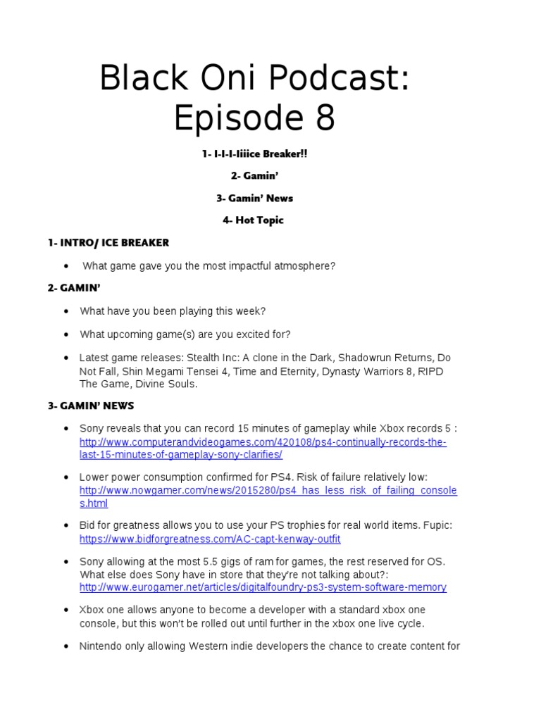 Black Oni Podcast Episode 8: Gaming Insights | PDF