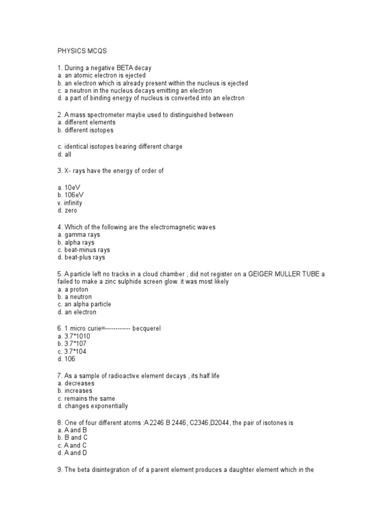 Physic MCQ Nuclear Physics | PDF | Nuclear Physics | Radioactive Decay