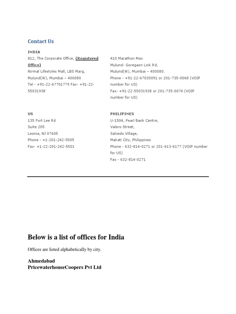 PwC Office Locations in India | PDF | Mumbai | Kolkata