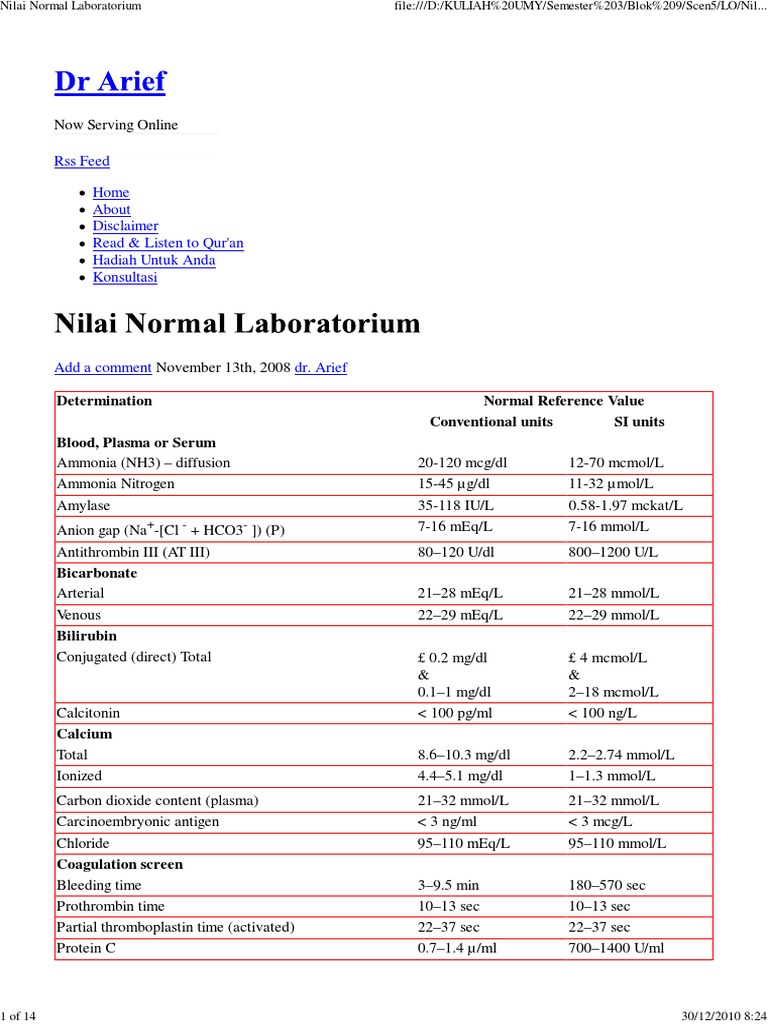 Nilai Normal Laboratorium | PDF | Darah | Spesialisasi Medis