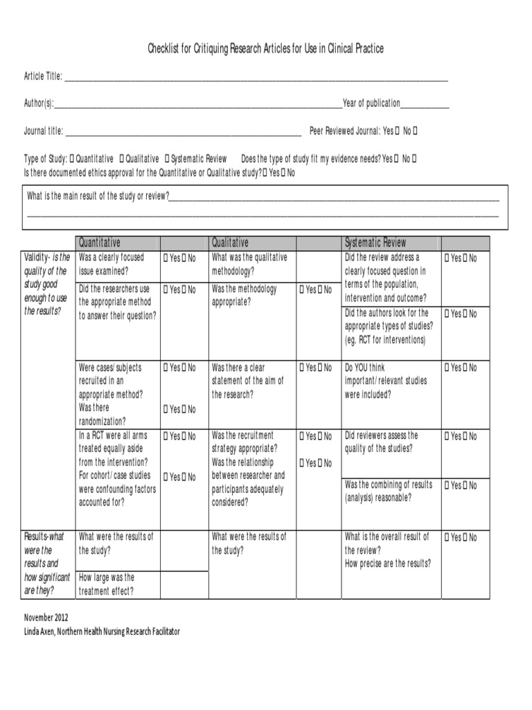 Checklist for Critique | Qualitative Research | Randomized Controlled Trial
