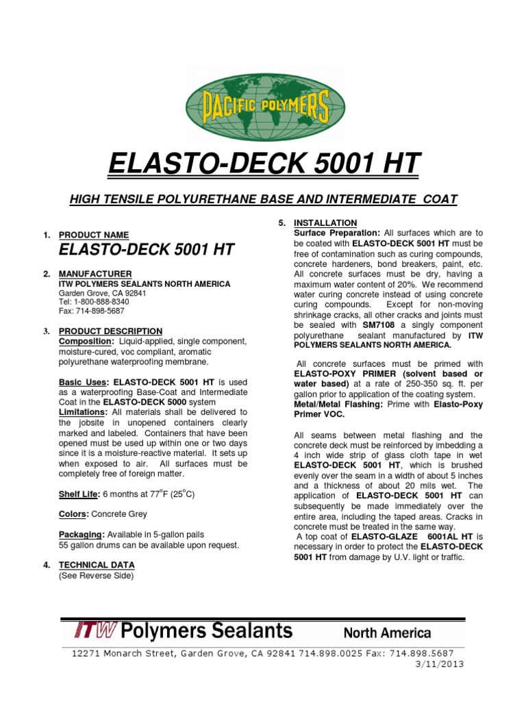 Elasto-Deck 5001 HT TDS | PDF | Concrete | Paint