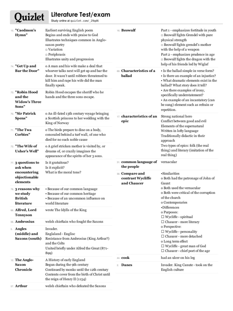Literature Test Exam | PDF | Anglo Saxons | Beowulf
