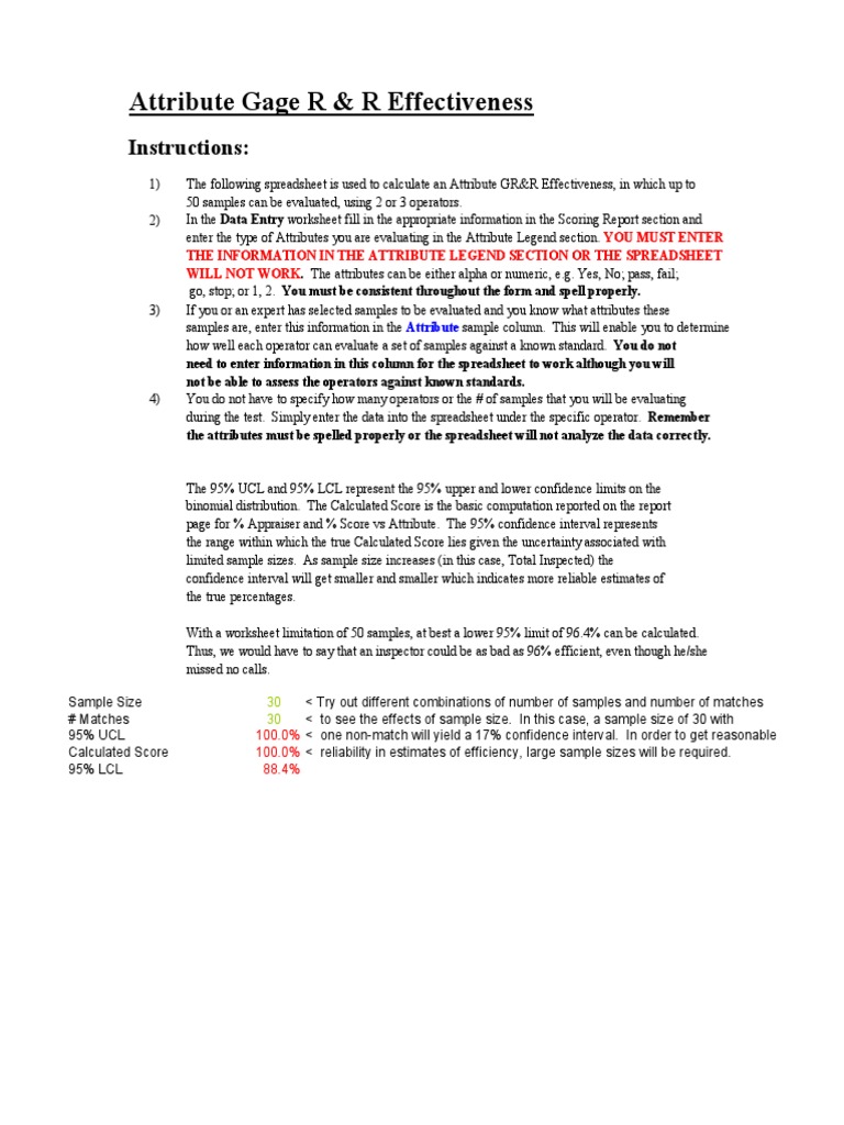 Attribute Gage R & R Effectiveness Form | PDF | Spreadsheet ...