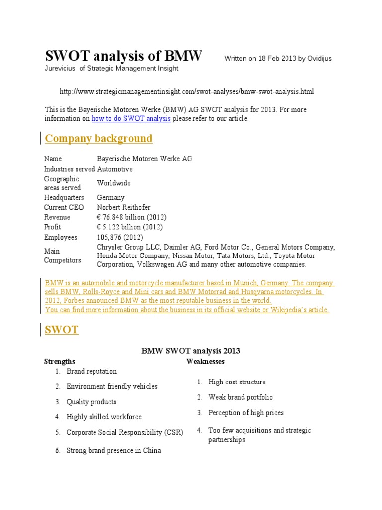 SWOT Analysis of BMW | PDF | Luxury Motor Vehicle Manufacturers ...