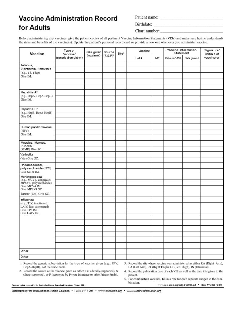 Adult Vaccine Administration Record | PDF | Vaccines | Biotechnology