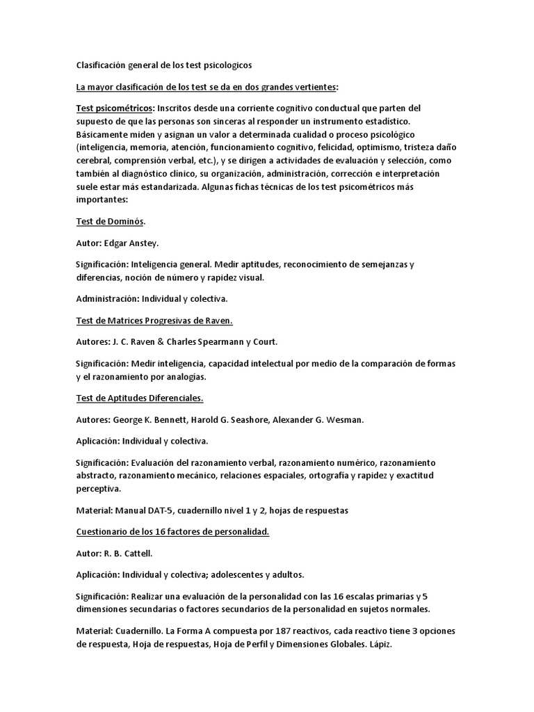 Clasificación General de Los Test Psicologicos | PDF | Sicología | Adultos