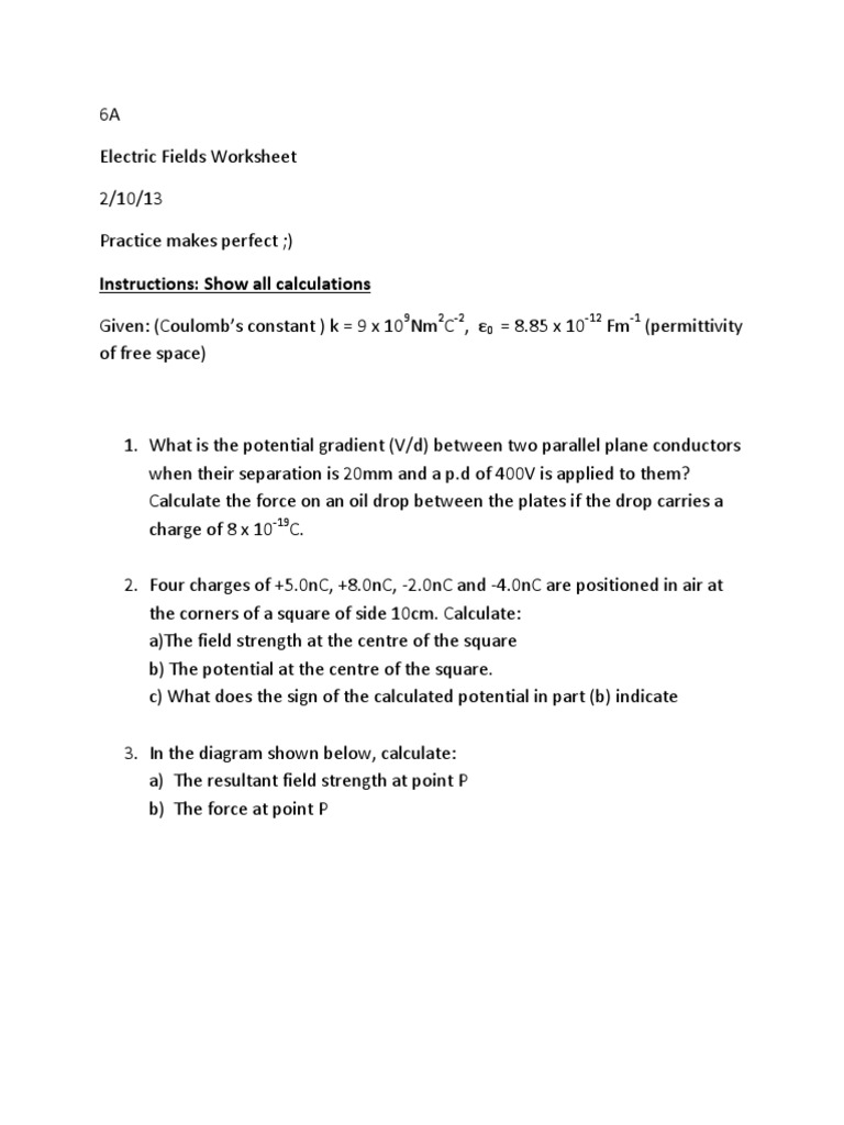 6A - Electric Fields Worksheet | PDF | Teaching Methods & Materials ...