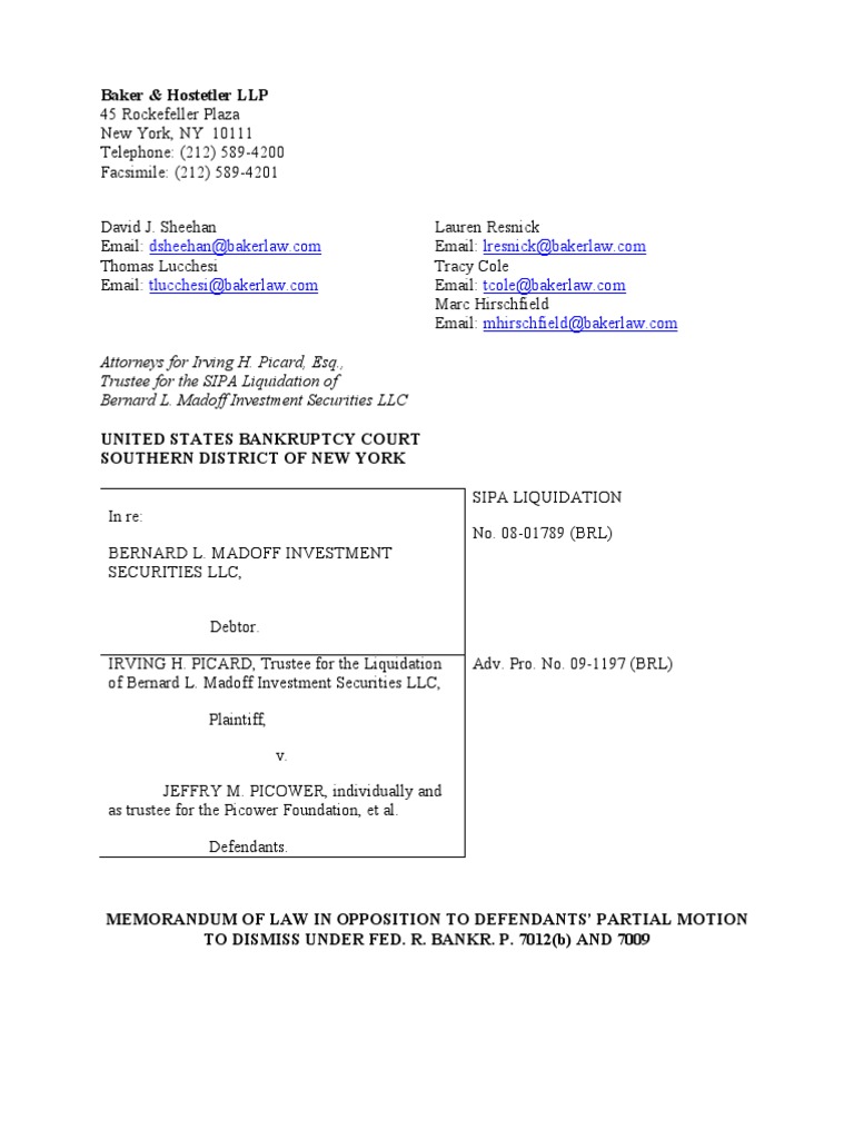 Picard Response Picower's MtoD | PDF | Bernard Madoff | Pleading