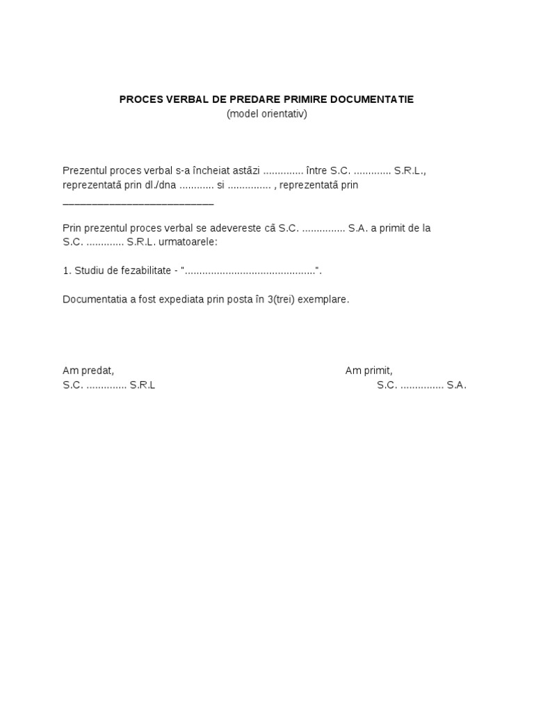 Proces Verbal de Predare Primire Documentatie | PDF