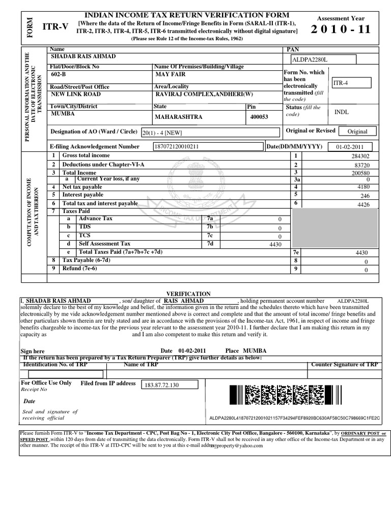 Itr-V: Indian Income Tax Return Verification Form | PDF | Income Tax In ...