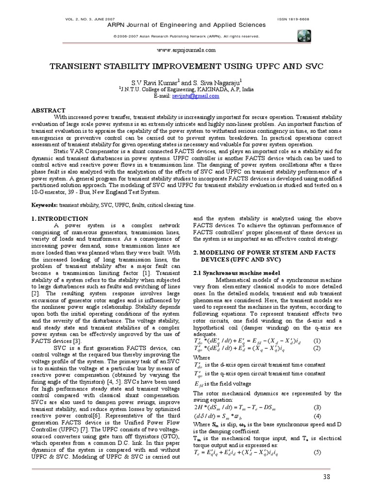 Transient Stability Improvement Using Upfc and SVC | PDF | Steady State | Numerical Analysis