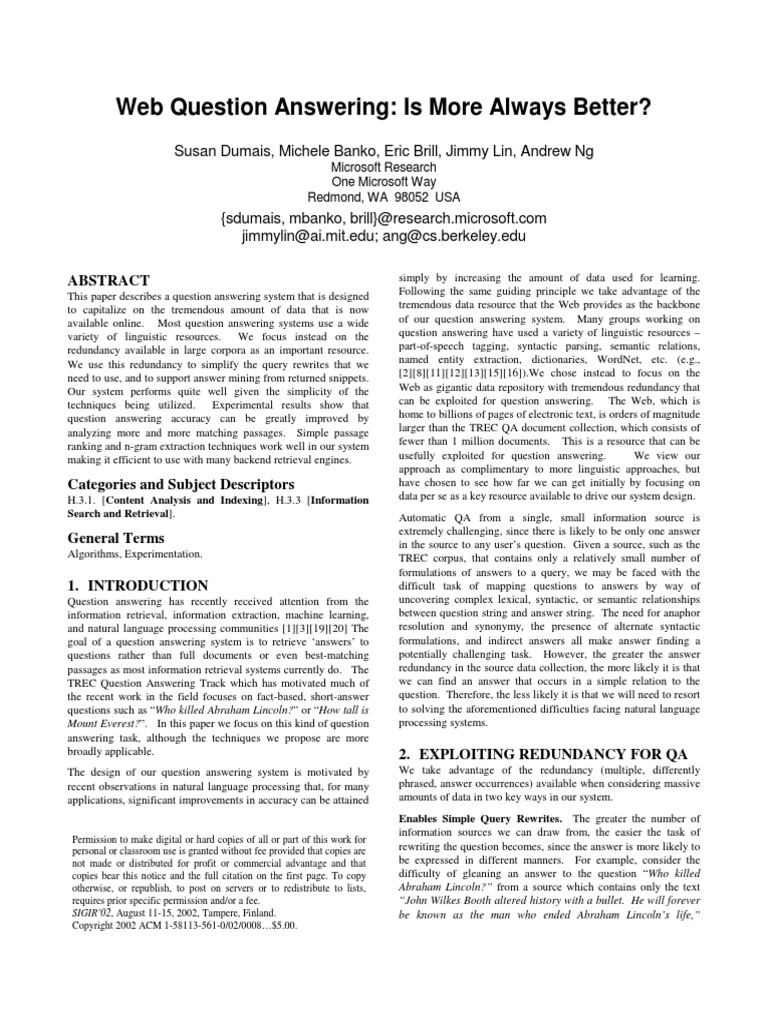 Web Question Answering: Is More Always Better?: Susan Dumais, Michele ...