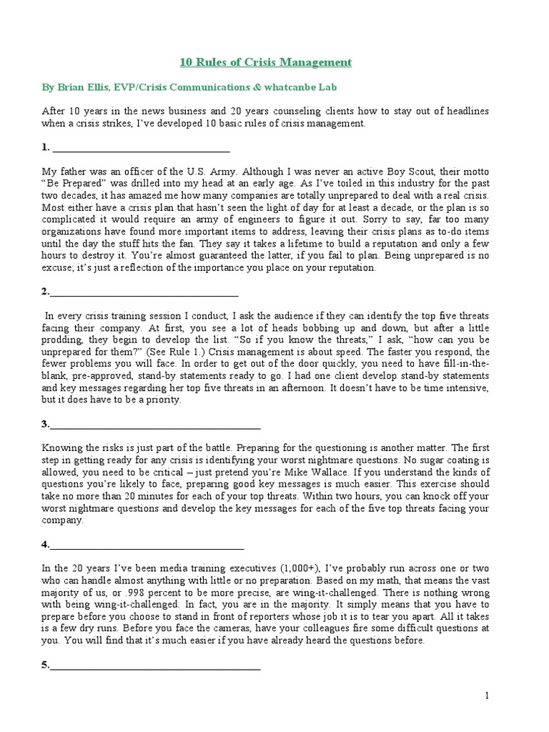 10 Rules of Crisis Management: by Brian Ellis, EVP/Crisis ...