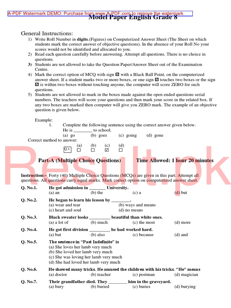 Grade 8 English Model Paper Instructions | PDF | Planets | Solar System