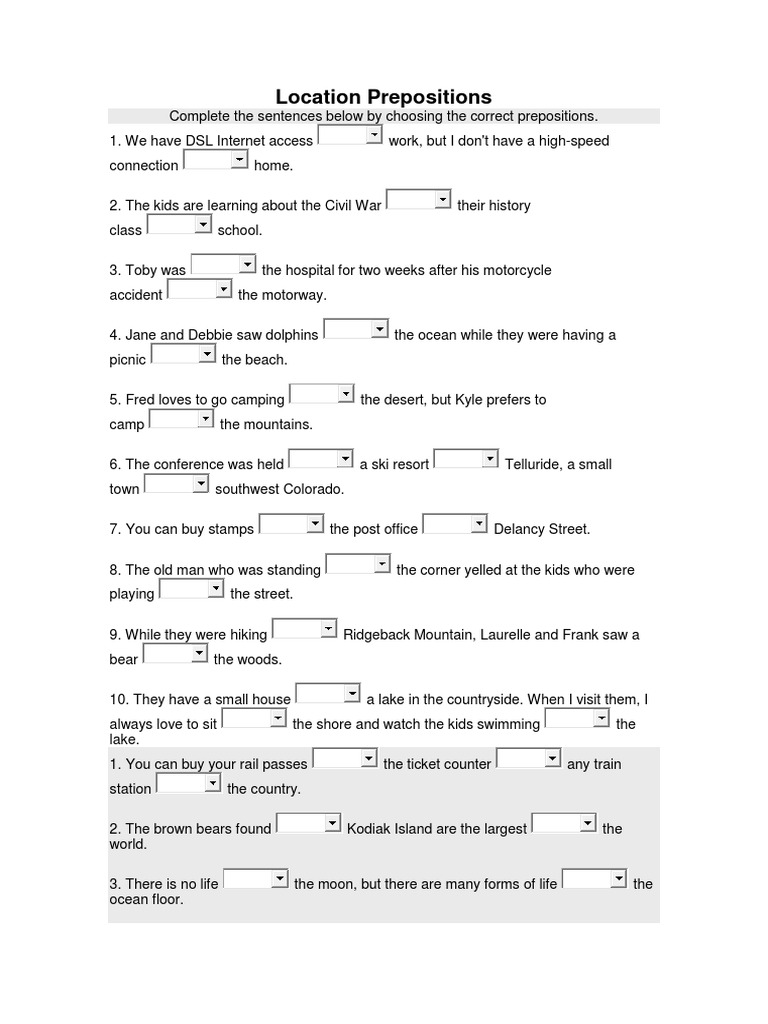 Preposition Exercises | PDF | Leisure