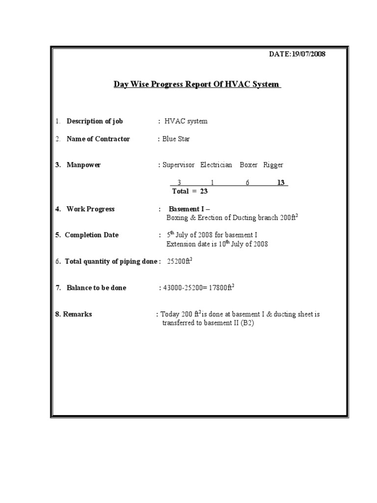HVAC System Daily Progress Report | PDF | Science & Mathematics | Computers