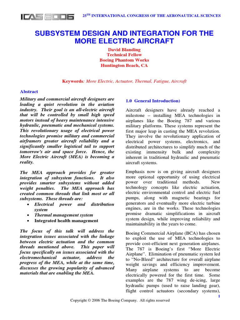 Subsystem Design and Integration For The More Electric Aircraft | PDF ...